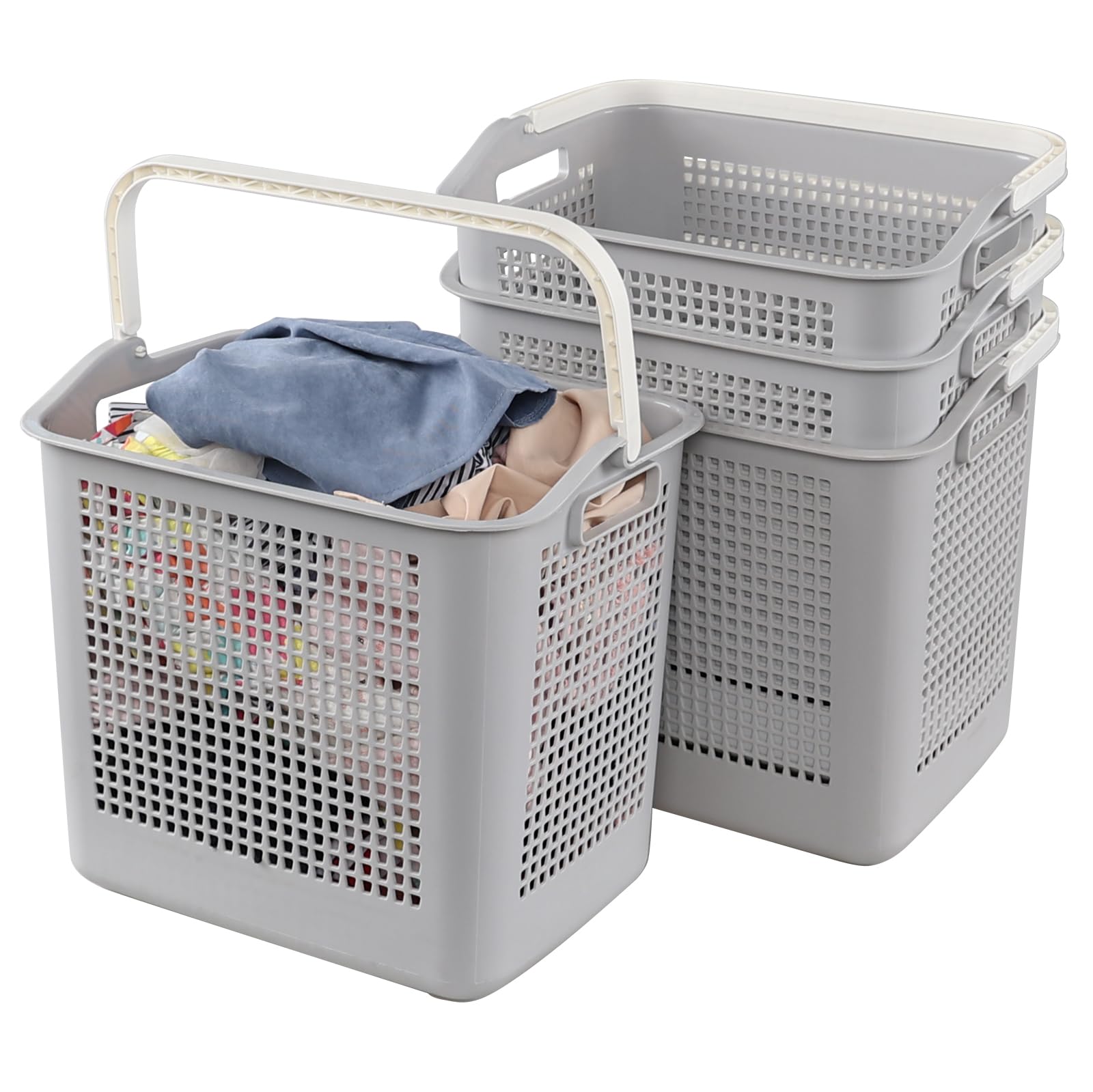 Xeabia 42 L Plastic Dirty Clothes Hampers with Handles, Large Plastic Laundry Baskets, Gray, 4 Packs