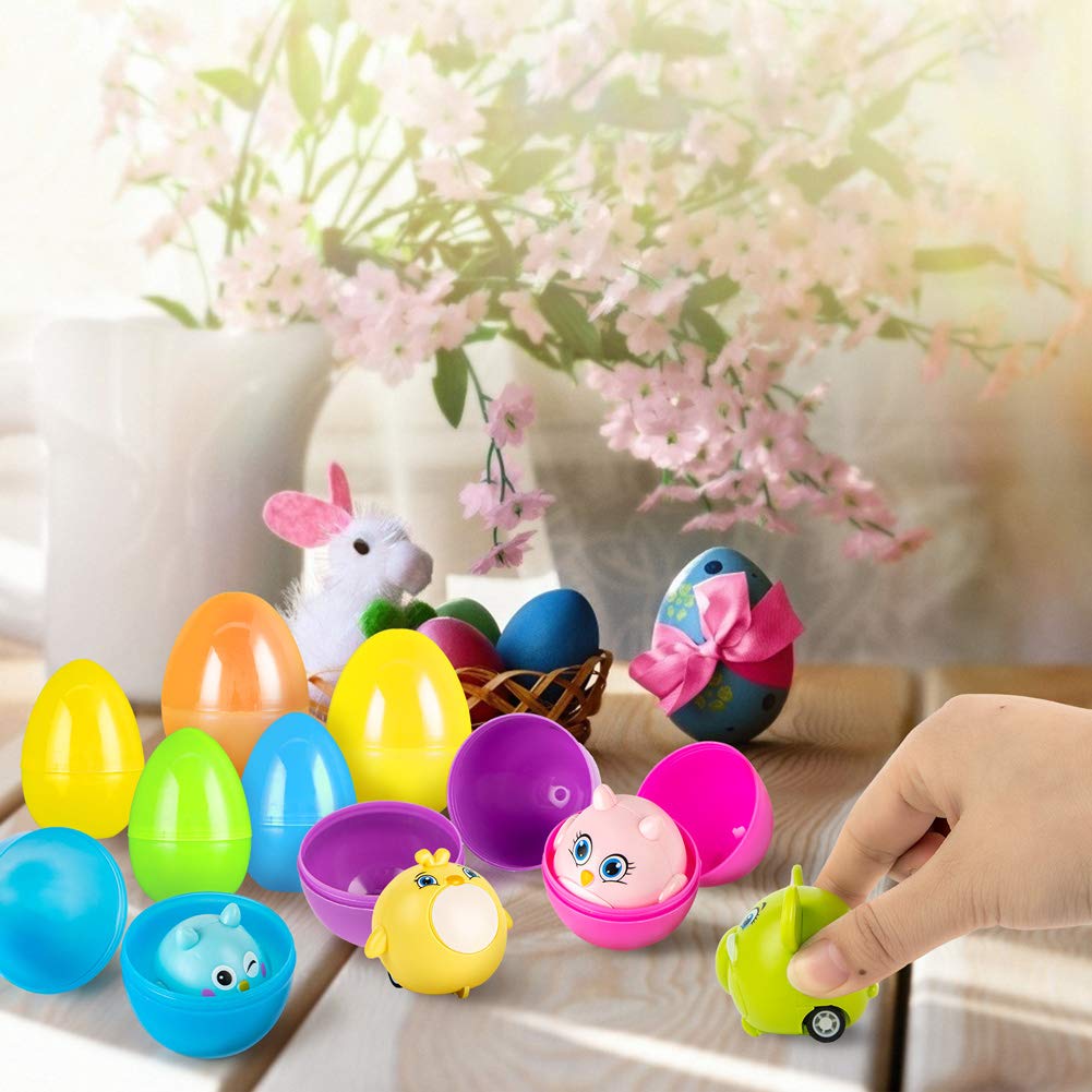 LovesTown 12 PCS Easter Eggs with Toys Inside, Easter Stuffed Eggs with Animal Pullback Toy Cars Surprise Eggs Easter Theme Party Favor for Easter Eggs Hunt Game Easter Basket Stuffer
