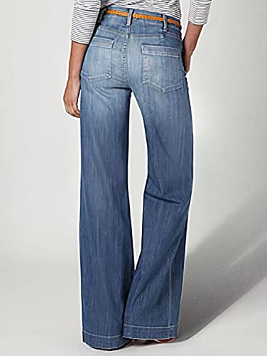 Flamingals Wide Leg Jeans for Women Stretch Mid Waist Baggy Jeans Boot Cut Jeans Denim Pants Without Belt Mid Blue XL