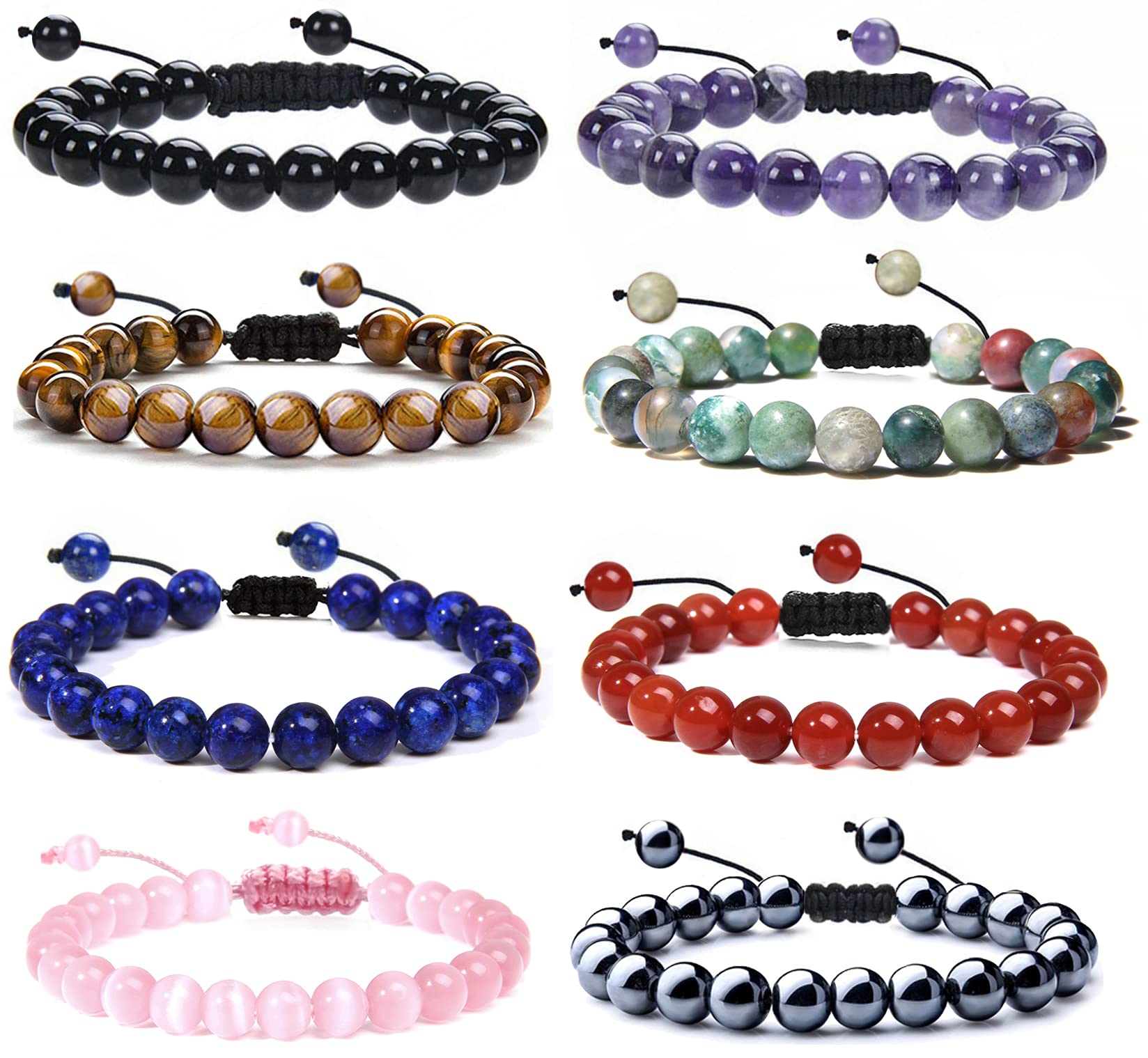 CASDAN 8Pcs 8mm Gemstones Beaded Bracelets for Women Men Crystal Beads Bracelet Stretch Amethyst Adjustable Elastic Bracelets Set