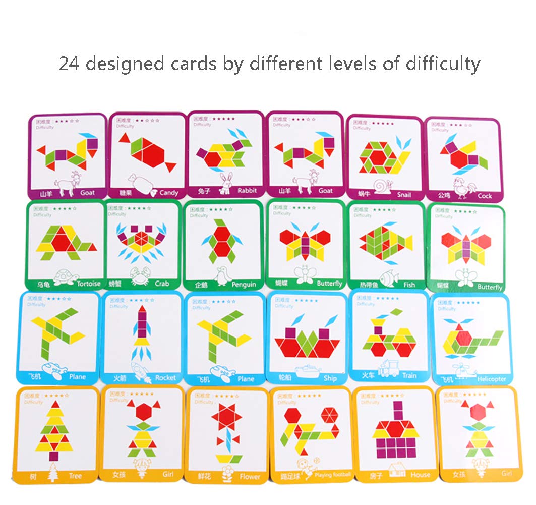 GEMEM 155 Pcs Wooden Pattern Blocks Set Geometric Shape Puzzle Kindergarten Classic Educational Montessori Tangram Toys for Kids Ages 4-8 with 24 Pcs Design Cards
