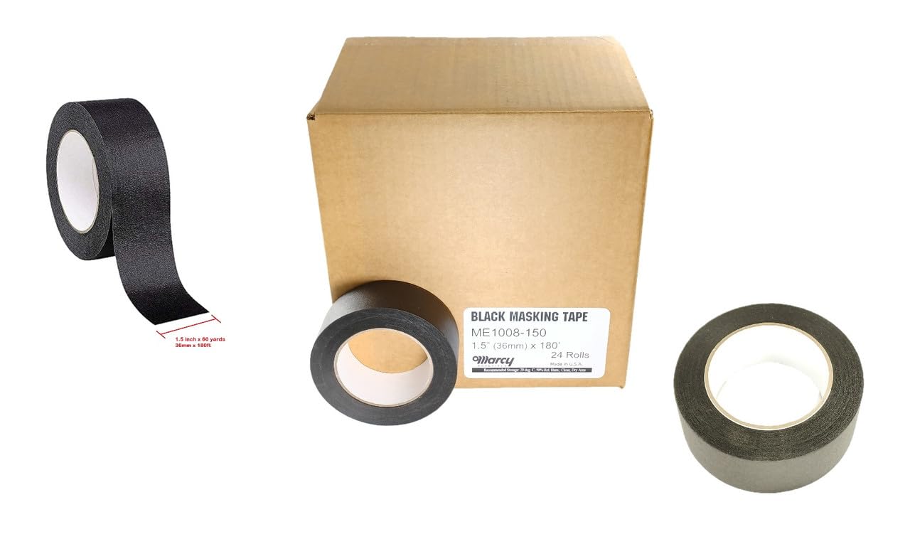 Case - 24 Rolls Marcy No Residue Black Masking Tape 1.5" x 60 yds (36mm x 180')