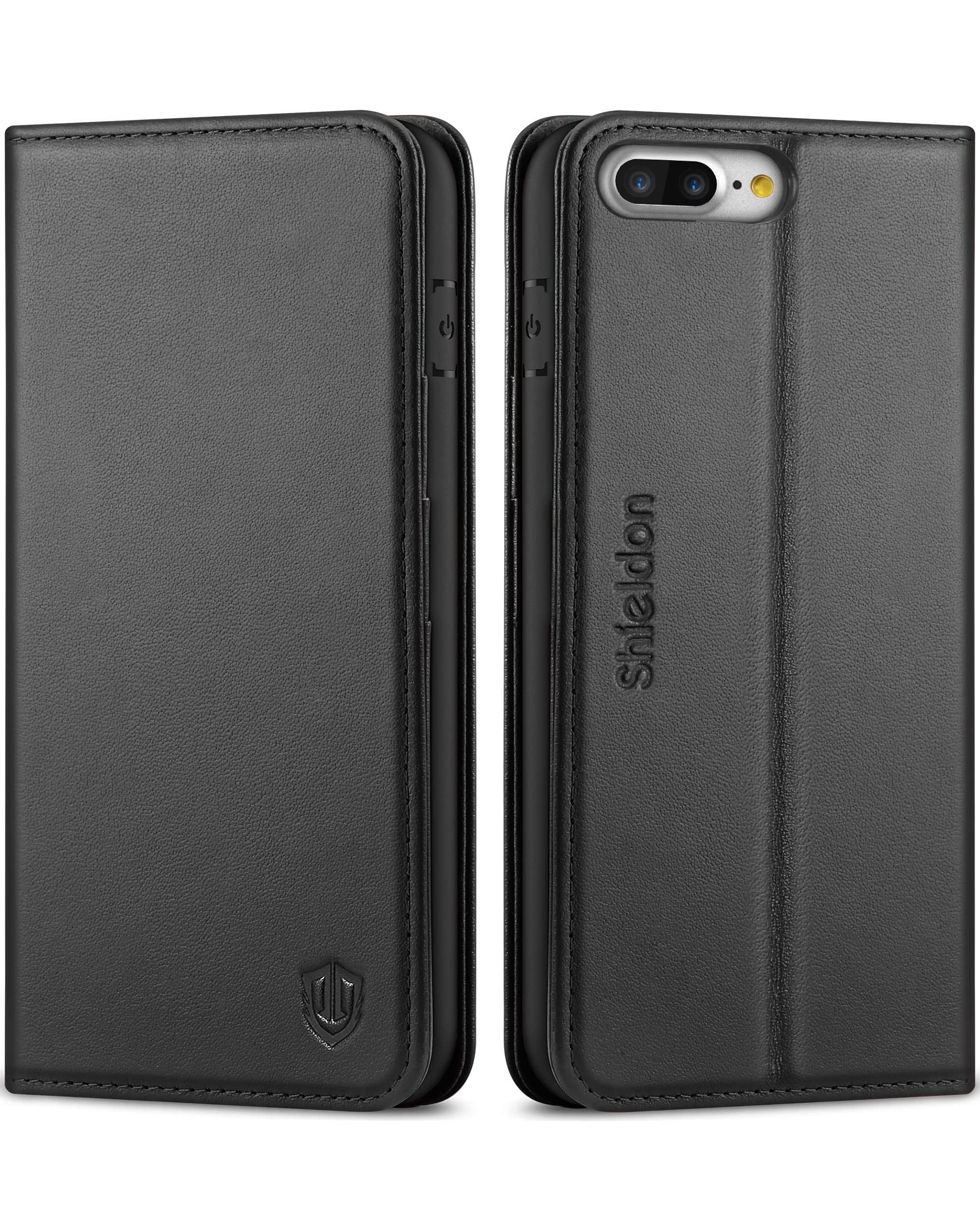 SHIELDON Genuine Leather iPhone 8 Plus Wallet Case Book Flip Cover and [Credit Card Slot] Magnetic Closure Compatible with iPhone 8 Plus / 7 Plus - Black