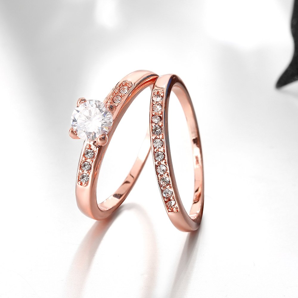 Bistoon Engagement Rings Set 2pcs with Real 18K Rose Gold Plated CZ Zircon Promise Rings Anniversary Wedding (Rose-Gold-Plated-Base, 7)