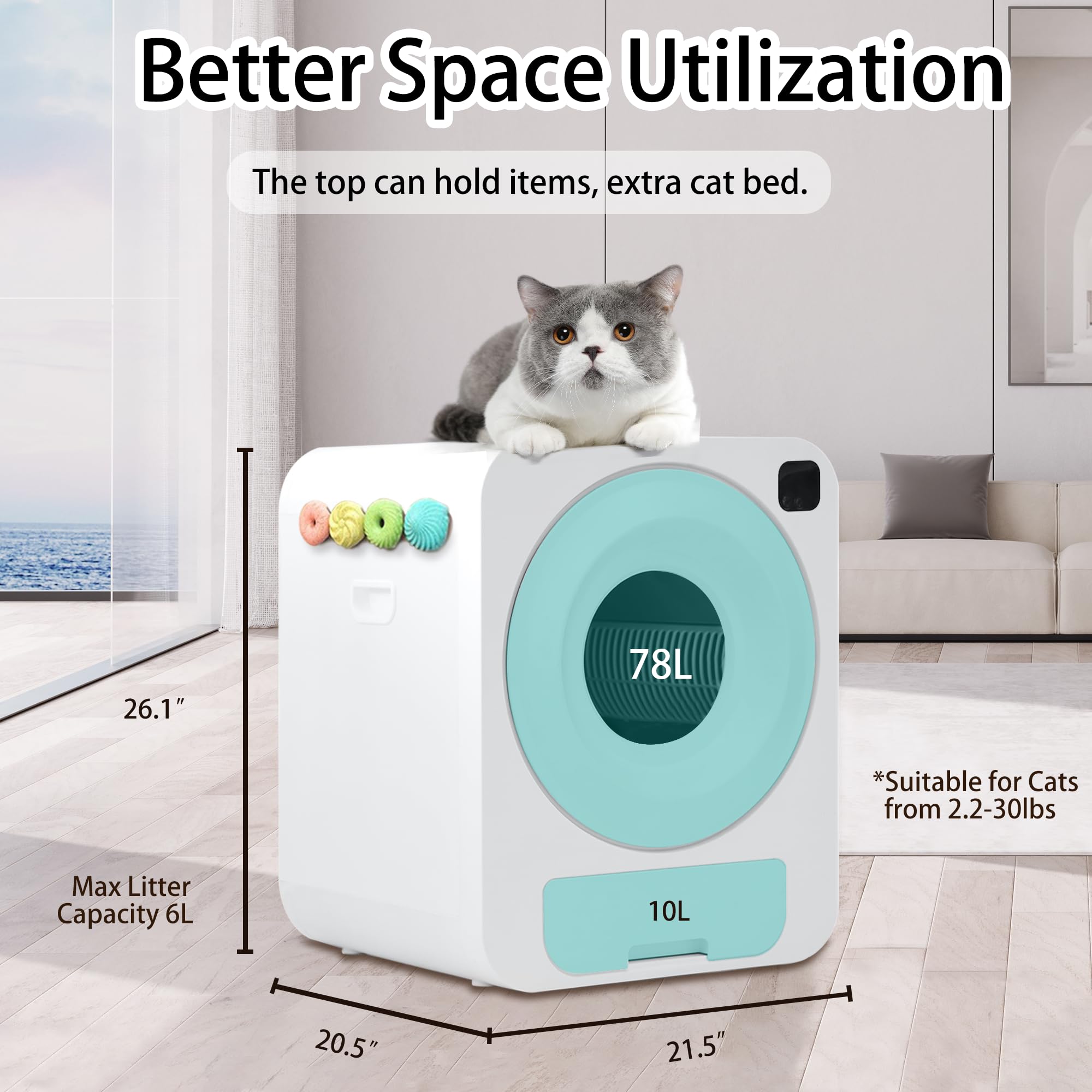 Bebeblue Self Cleaning Cat Litter Box, Automatic Cat Litter Box, No Scooping Odor Removal Health Monitoring Quiet Extra Large Space for Cats Free Cat Bed