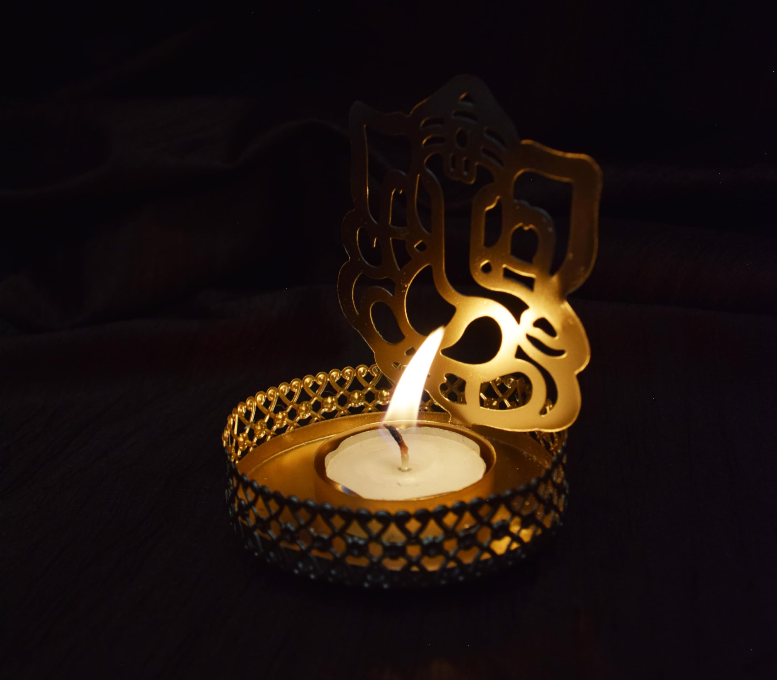 Decorative Ganesha Tea Light with Perforated Gold-Tone Base, Diya, Indian Diwali Celebration, Festival, Happy Diwali