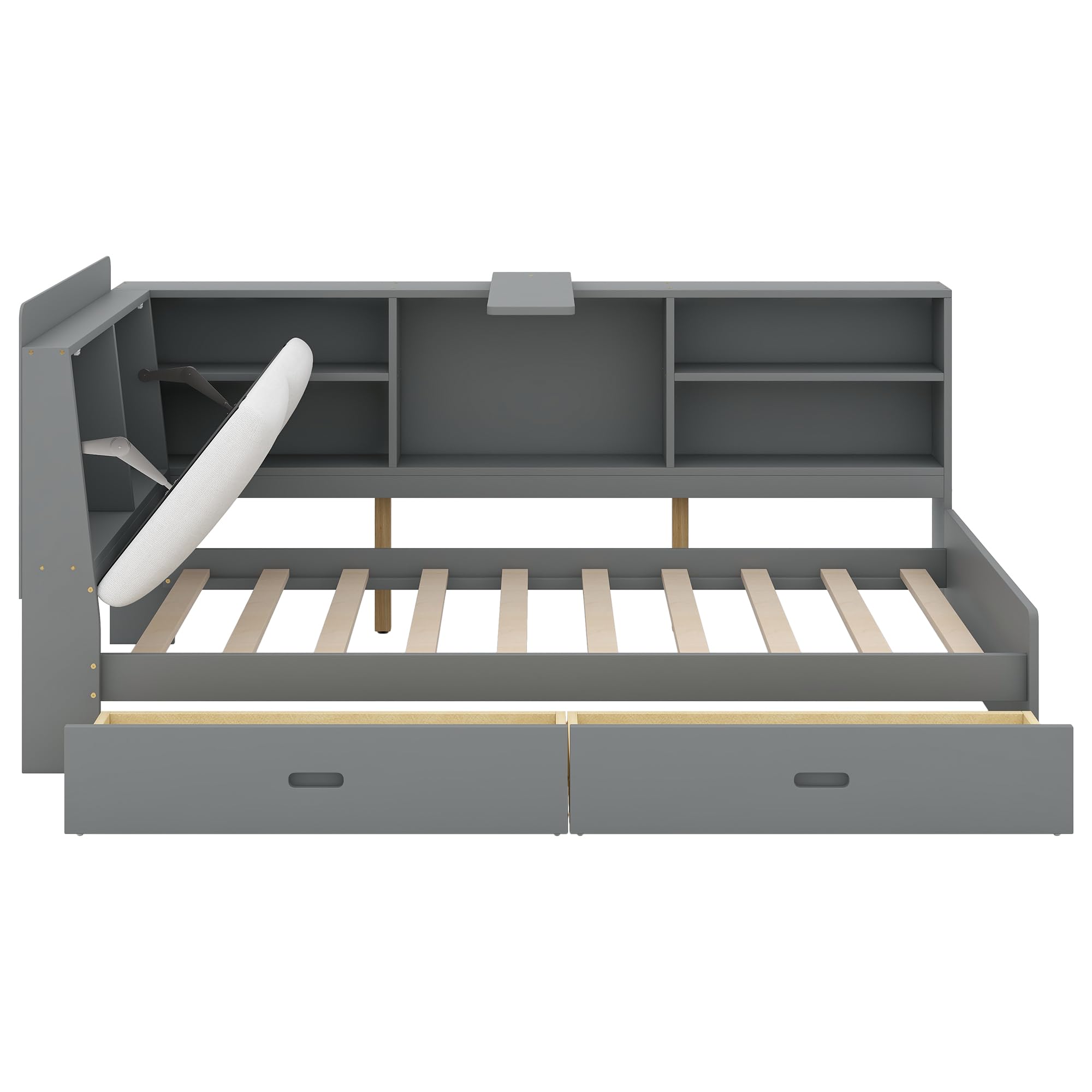DNChuan Twin Size L-Shaped Daybed with Upholstered Storage Headboard and Underneath Drawers,Captains Bed with Bookcase,Rotatable Table Board,Gray