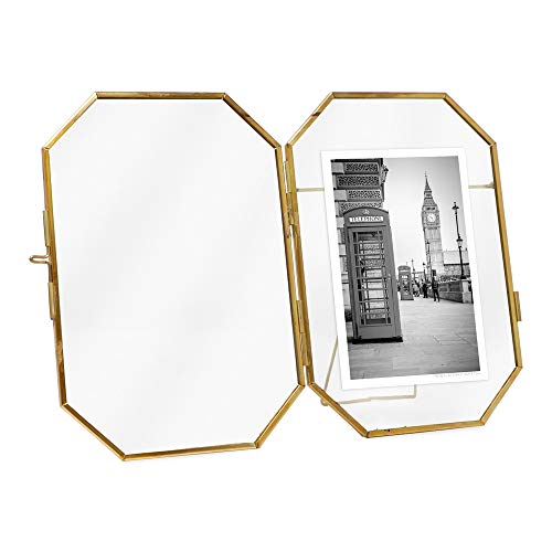 Isaac Jacobs 4x6 Vintage Style Octagon Brass & Glass, Metal Floating Picture Frame with Locket Closure (Vertical), Made for Tabletop Display, (Fits up to a cutout 4β x 6β - See images for other sizes)