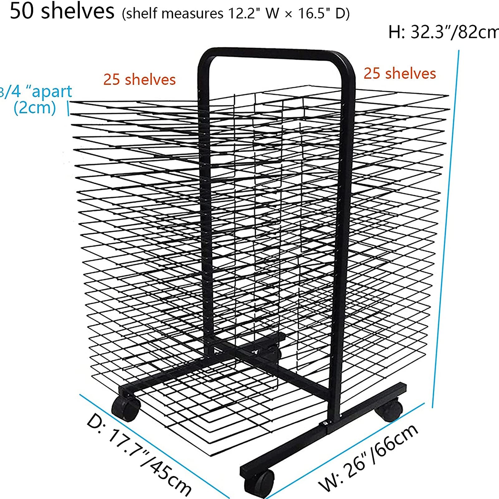Drying Rack, Back-to-Back Double-Sided Mobile Art Drying Rack with Wire Shelves for Works of Art, Black Powder Coated Finish,Ideal for Schools and Art Clubs (Size : 50-Layer)