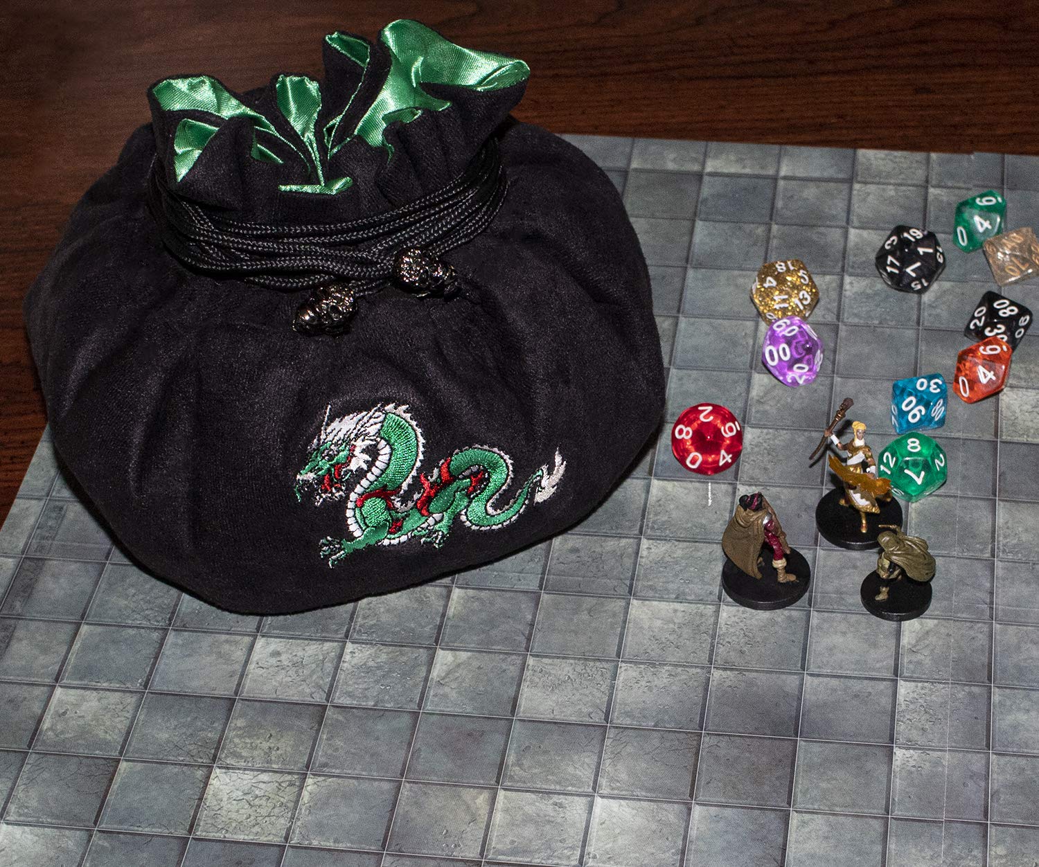 Large Dice Bag with Pockets β Embroidered Green Dragon DND Dice Bag | Green Satin Interior Lining | Man-Handles 150+ Dice