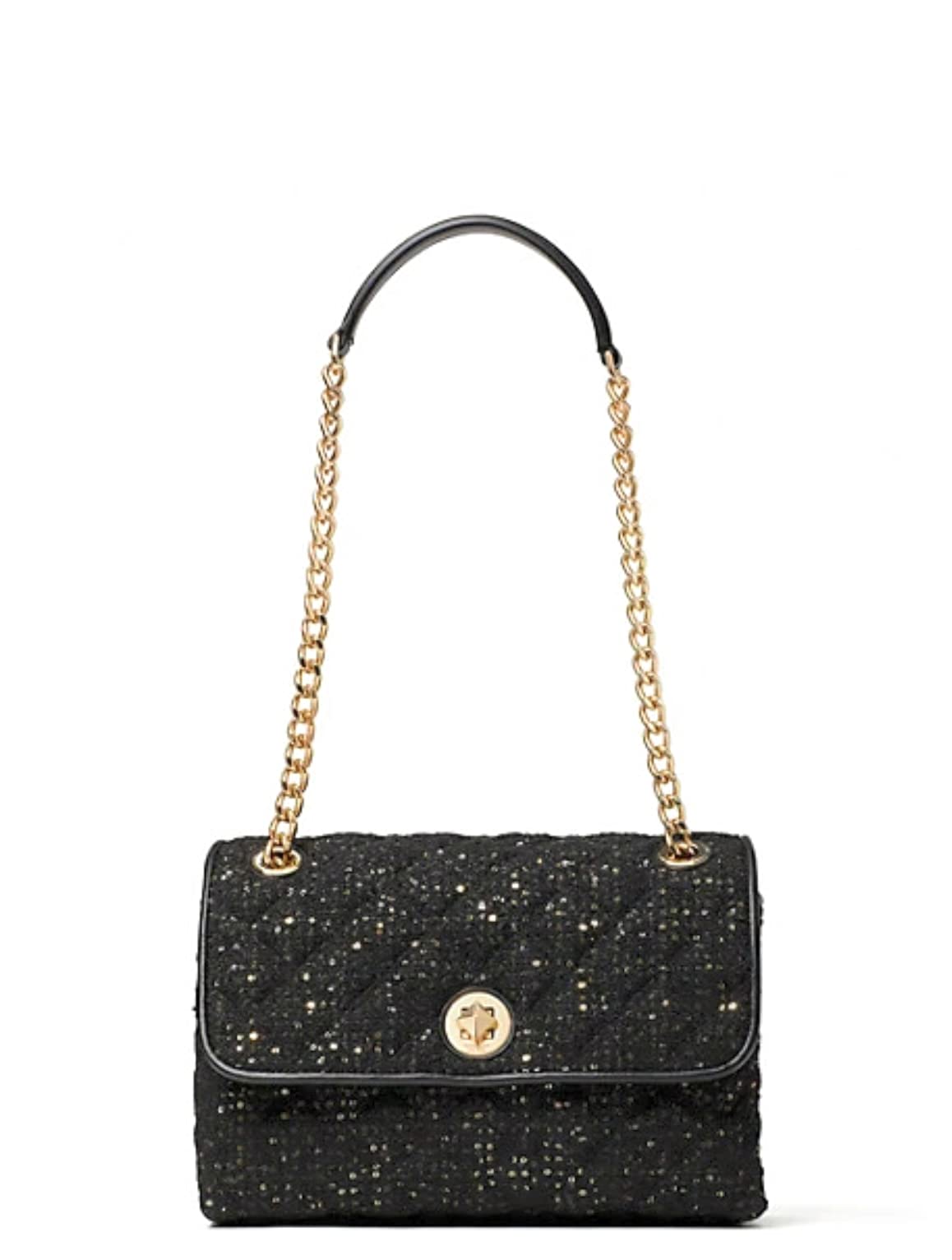 KATE SPADE NATALIA SEQUIN TWEED FABRIC MEDIUM FLAP SHOULDER BAG IN BLACK