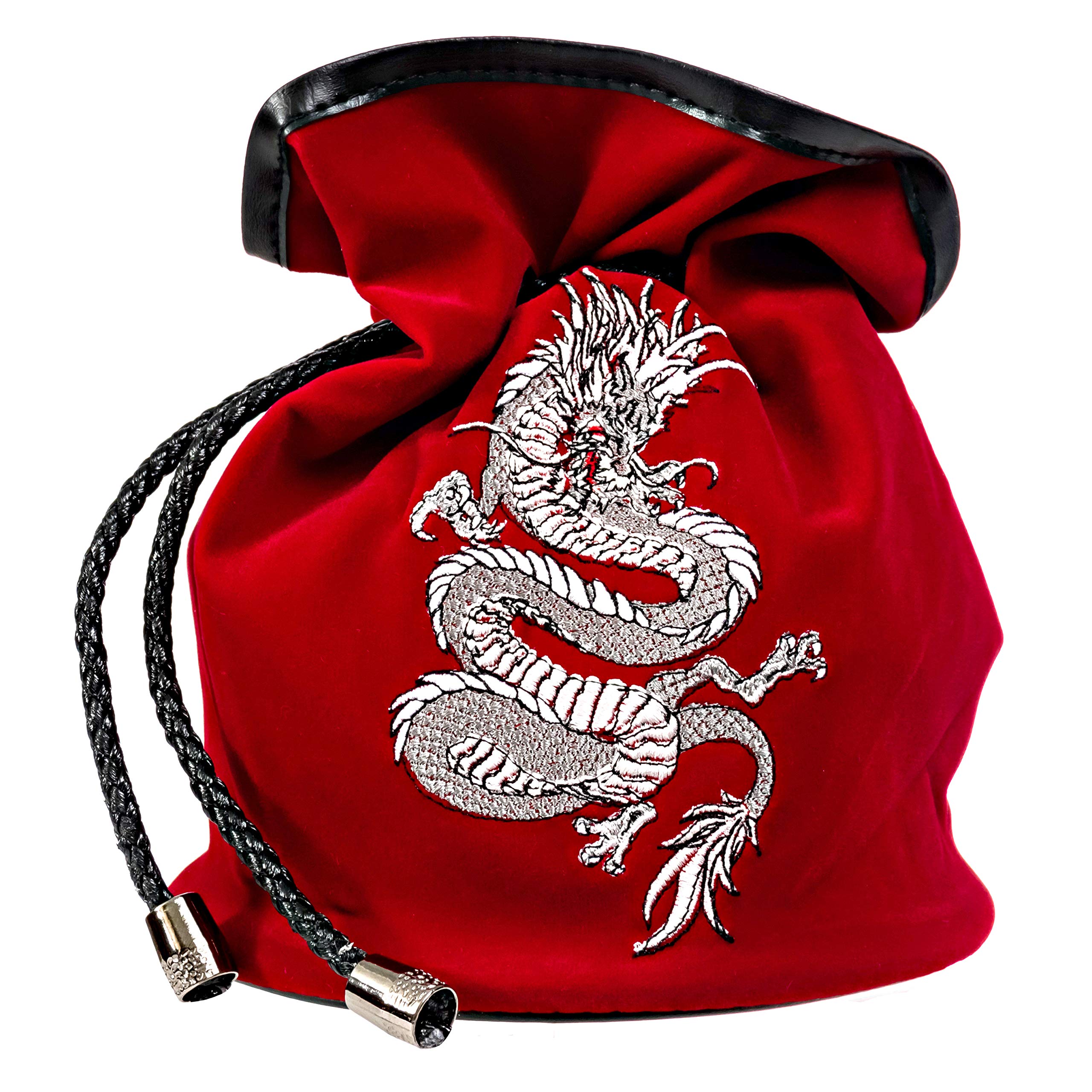 Large Dice Bag with 7 Complete Dice Sets | Dragon DND Dice Bag and 49 Polyhedral Dice | Red Dice Bag with Pockets