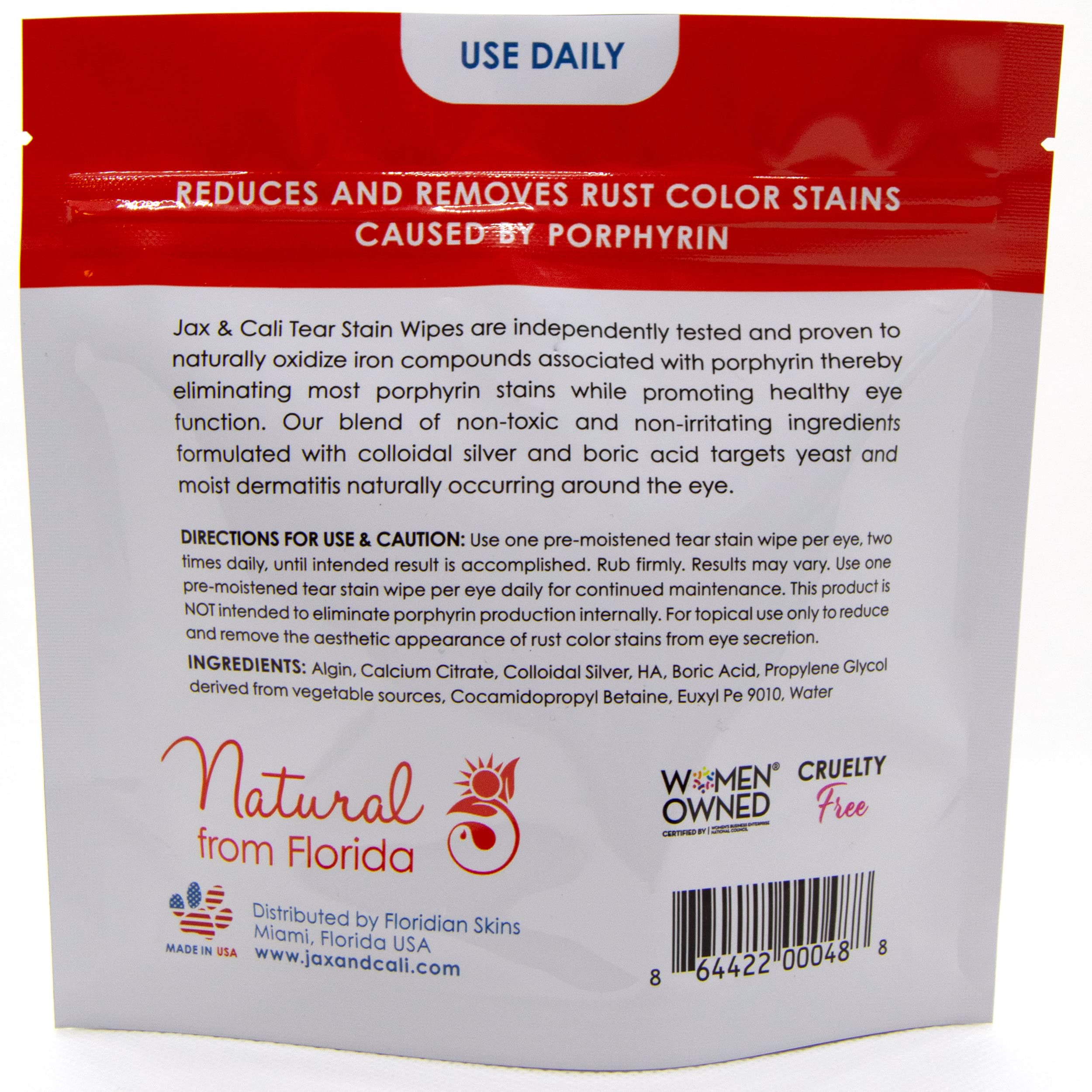 JAX & CALI Tear Stain Wipes for Dogs and Cats, All Natural, Non-Toxic, Non-Irritating Ingredients, Eliminates Most Porphyrin Stains, for Healthy Eye Function, 40 Pre-Moistened Finger Wipes