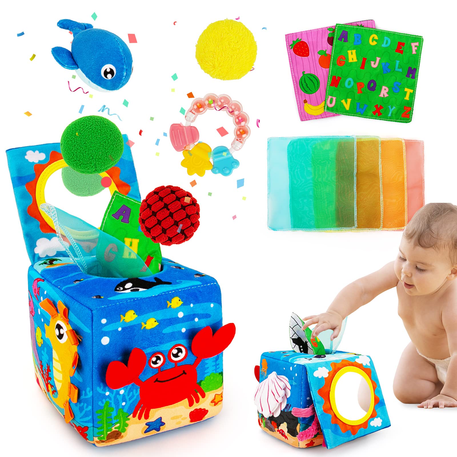 beetoy Surprise Baby Tissue Box Toy, Newborns Preschool Learning Toys,Texture Sensory Balls, Plush Whale Toy, Crinkle Paper, Colorful Silk Scarves- Sensory Tissue Box Toy for Babies 6-12 Months