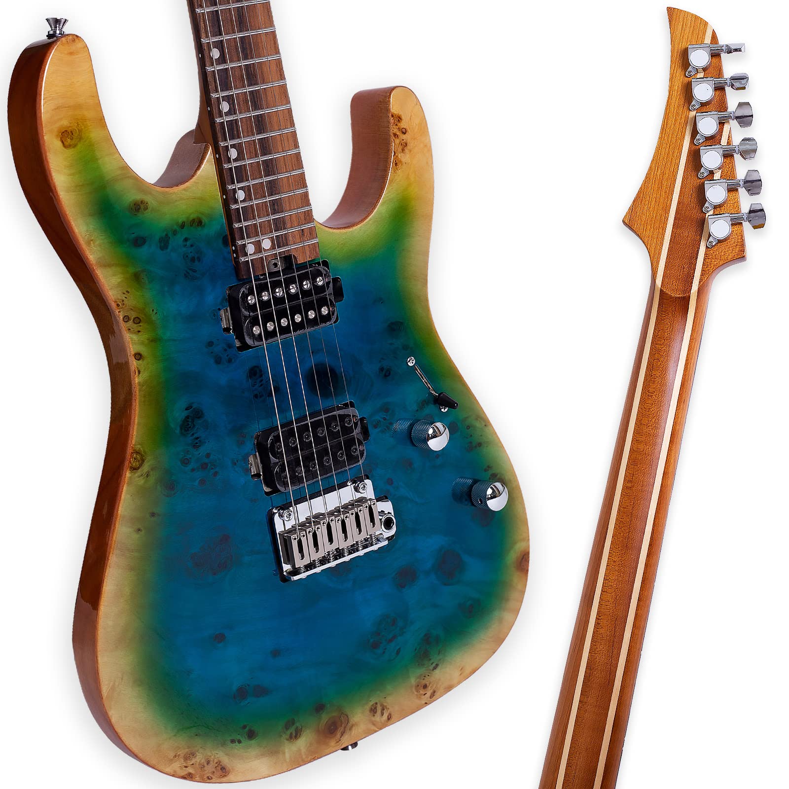 Boya&Ziqi BZK-024 Electric Guitar, Stainless Steel Frets (Hand Polished), Push-Pull Volume Control,5 Piece Roasted Maple/Maple Neck,Mahogany Body Topped with Burl Venner (Summer Ocean, Right)