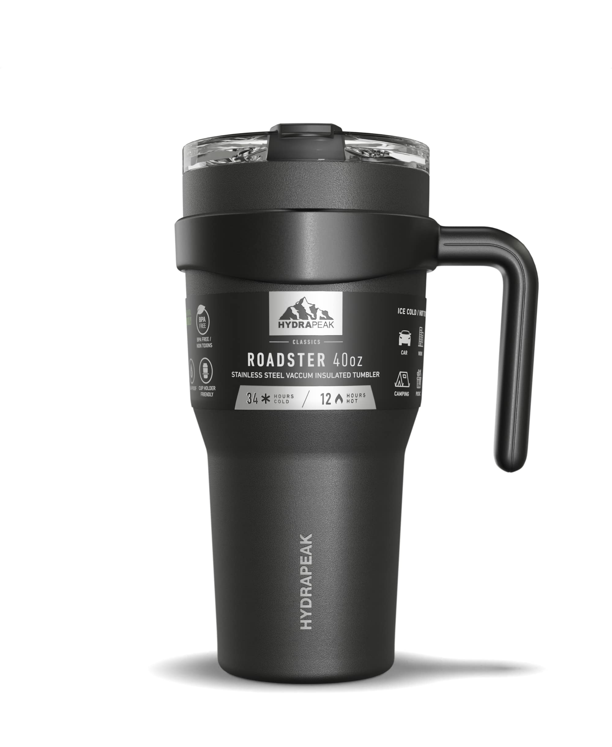 Hydrapeak Roadster 40oz Stainless Steel Tumbler Double Wall Vacuum Insulated Water Bottle With Handle And 2 in 1 Straw Lid (Black)