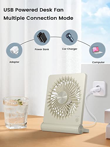 FERRISA Desk Fan, Small But Powerful, Portable Fan Battery Operated, 220° Tilt Folding Ultra Quiet Person Mini Fan, Strong Wind, 3 Speed Adjustable For Home Office Desktop Travel Camping (Beige)