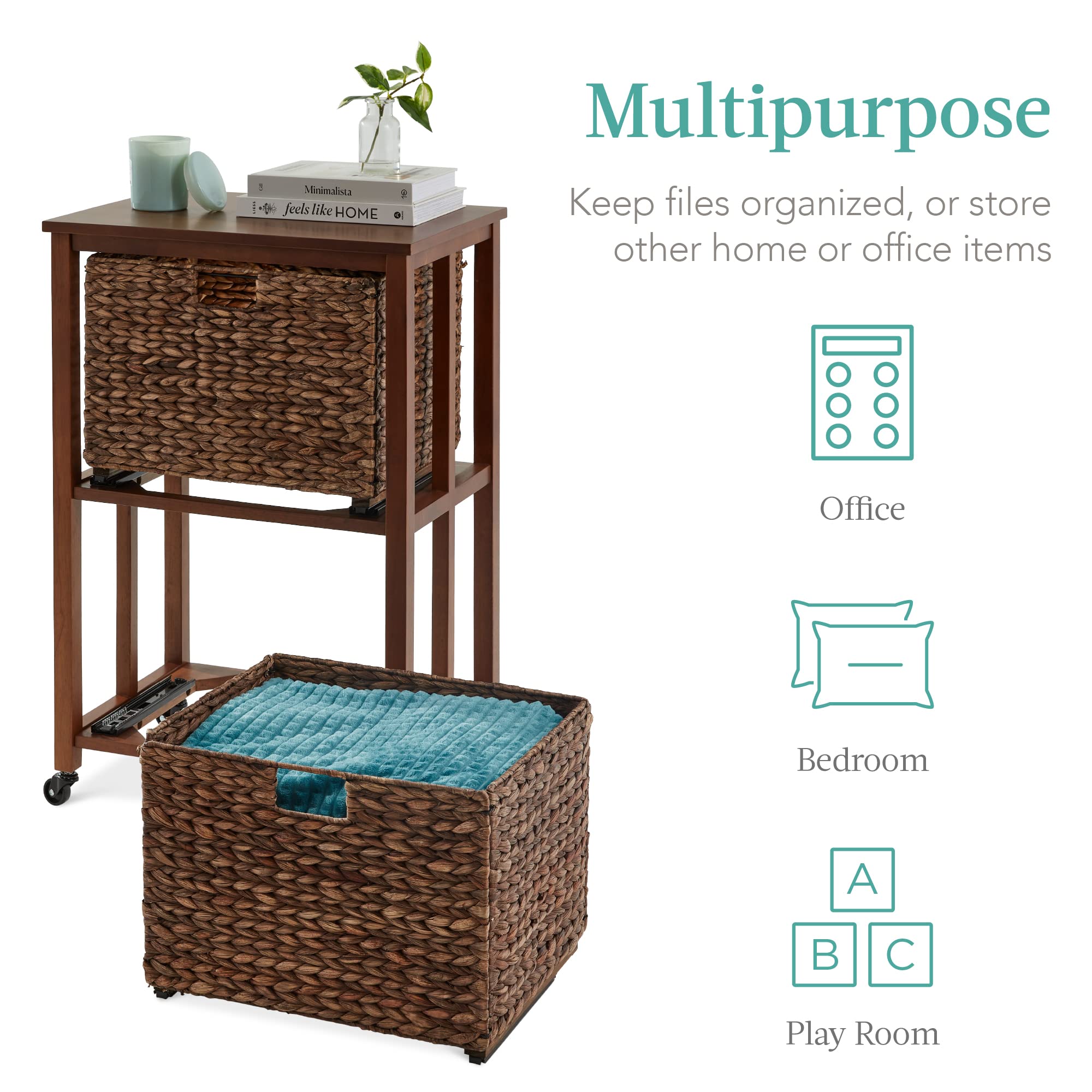 Best Choice Products Vertical Rolling File Cabinet, Multipurpose Portable Water Hyacinth Basket Organizer for Home Office, Workspace w/Rubberwood Frame, Metal Sliders, Locking Caster Wheels - Mocha