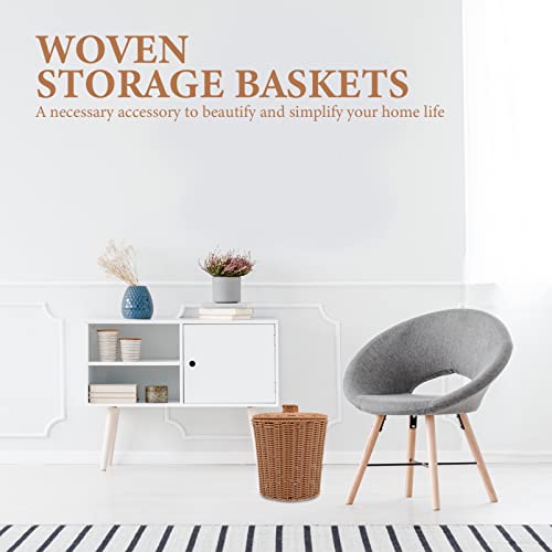 DOITOOL Wicker Storage Basket with Lid Round Rattan Storage Basket for Storage, Wicker Waste Basket for Bedroom, Bathroom, Offices Or Home ( 24x24cm )