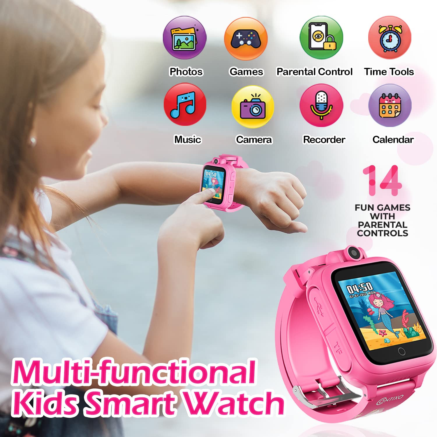 Contixo Kids Tablet, V10 7 Inch Tablet for Kids and Smart Watch Bundle, 2GB 32 GB Toddler Tablet with Bluetooth, with Smart Watch/Touch Screen, Camera, Video and Audio Recording, MP3 Player-Pink