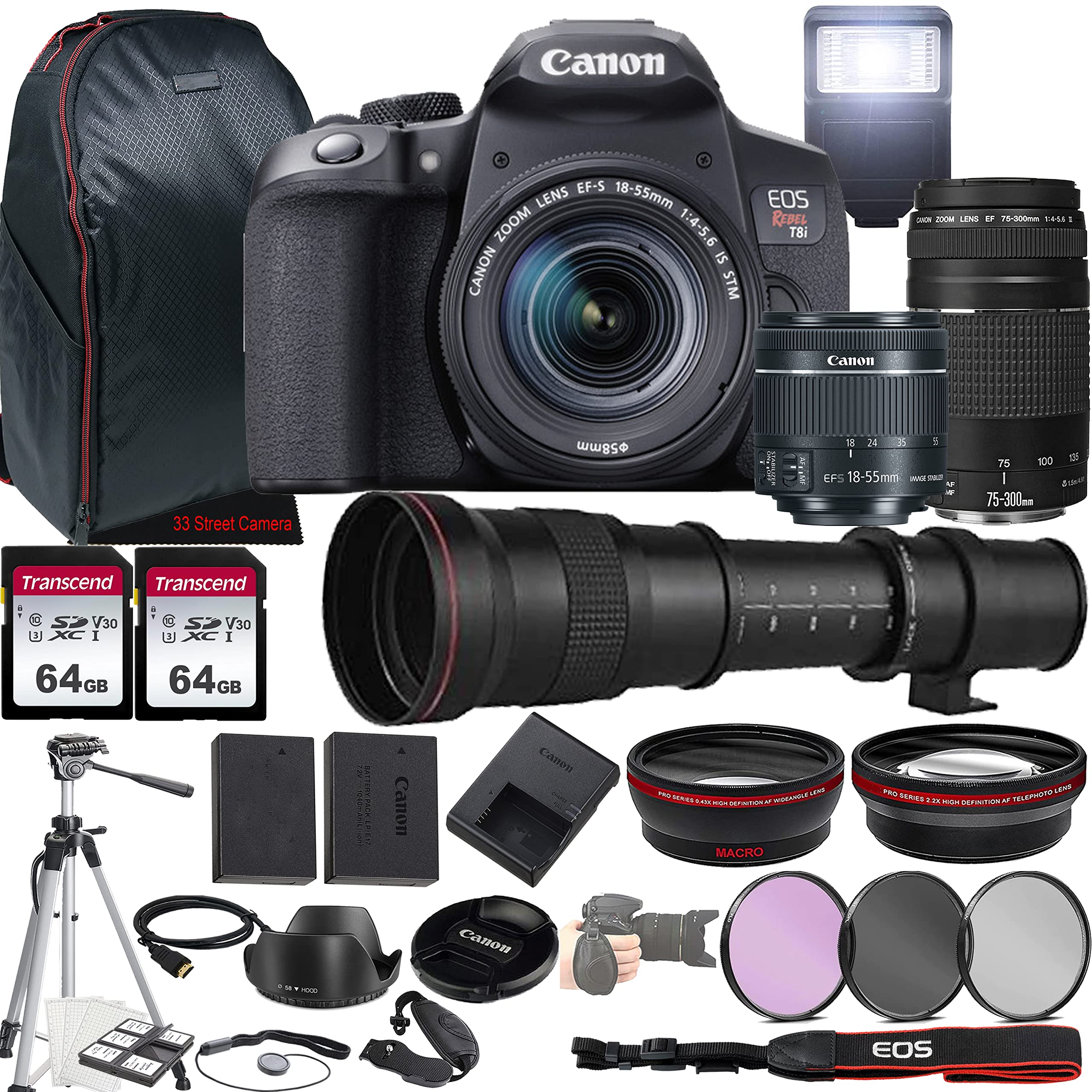 Canon EOS Rebel T8i DSLR Camera w/EF-S 18-55mm F/4-5.6 is STM Lens + EF 75-300mm f/4-5.6 III Lens + 420-800mm f/8.3 HD Lens + 2X 64GB Memory + Case + Filters + Tripod + More (35pc Bundle)