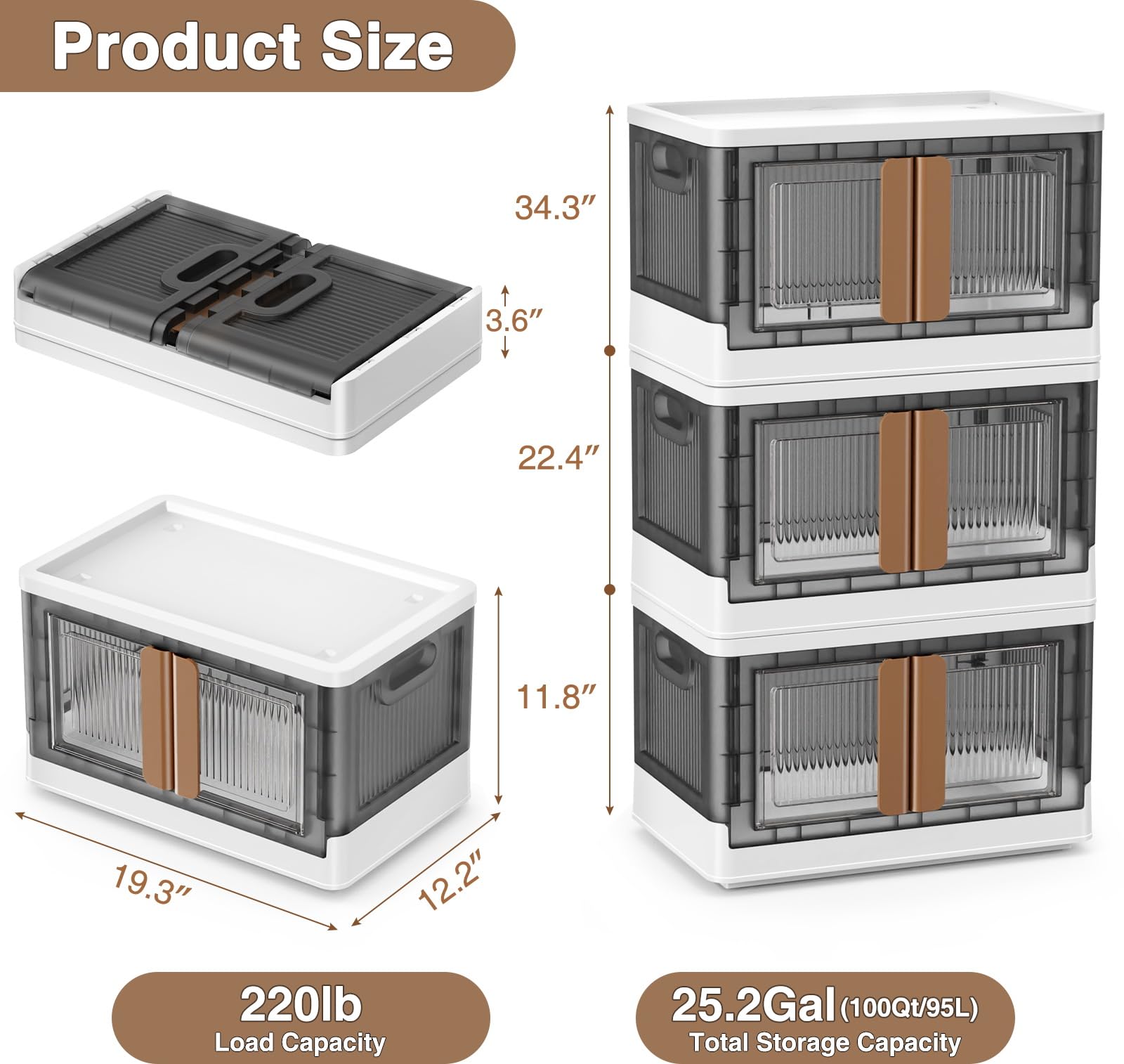 BROVIEW V6S Closet Organizers and Storage, 8.4Gal Plastic Storage Bins with Lids, 3Pack Collapsible Storage Boxes with Wheels, Stackable Storage Containers with Doors for Home Office Dorm Essentials