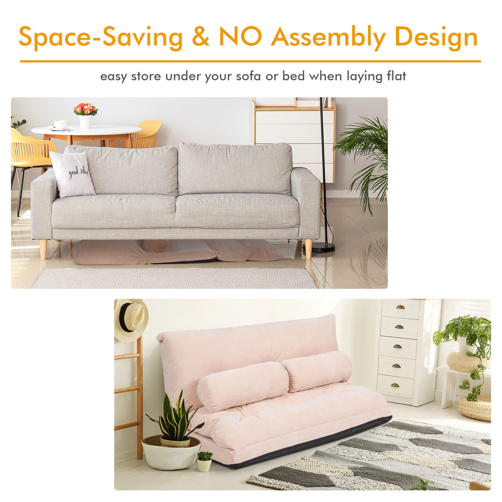 COSTWAY Convertible Floor Sofa Couch with 2 Waist Pillows, Folding 6-Position Adjustable Loveseat with Corduroy Fabric, Metal Frame, Upholstered Floor Couch Lounge for Reading Playing Gaming (Brown)