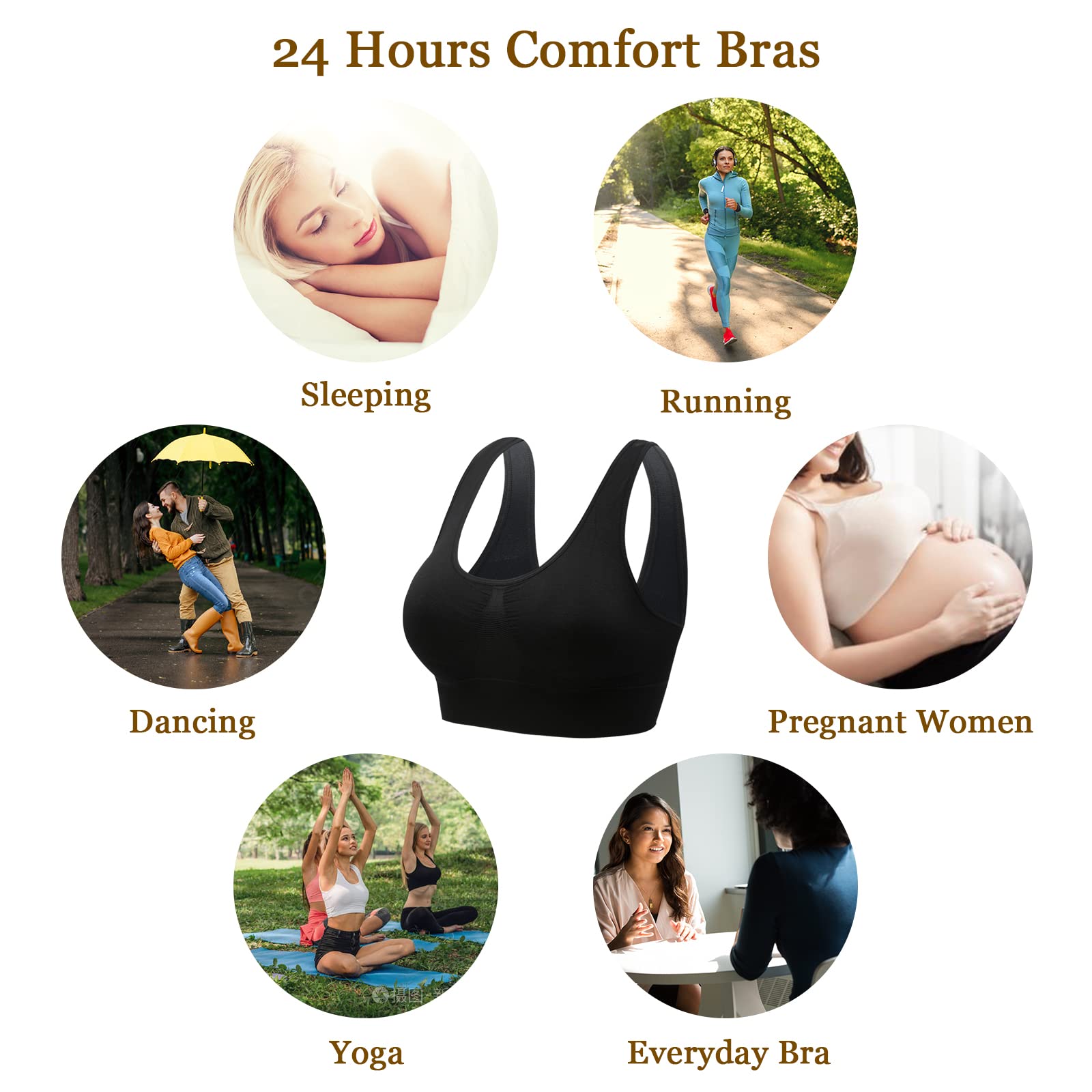 CASOMS Sleep Bras, Comfort Bras for Women, Seamless, Wireless, Yoga Bras with Removable Pads 3 Pack, X-Large