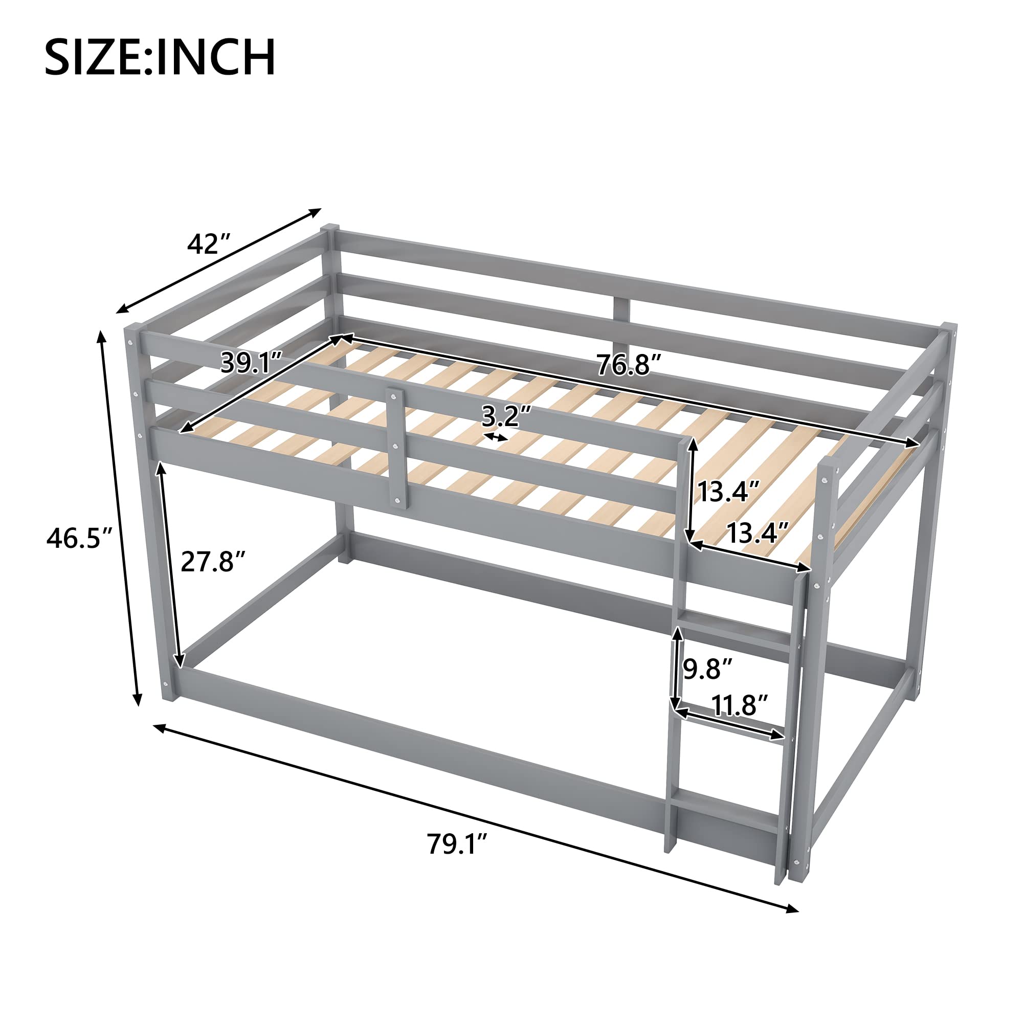 Harper & Bright Designs Low Bunk Bed Twin Over Twin, Wood Twin Kids Bunk Bed with Ladder, Floor Bunk Bed Frame for Boys, Girls, No Box Spring Needed, Easy Assembly, Grey