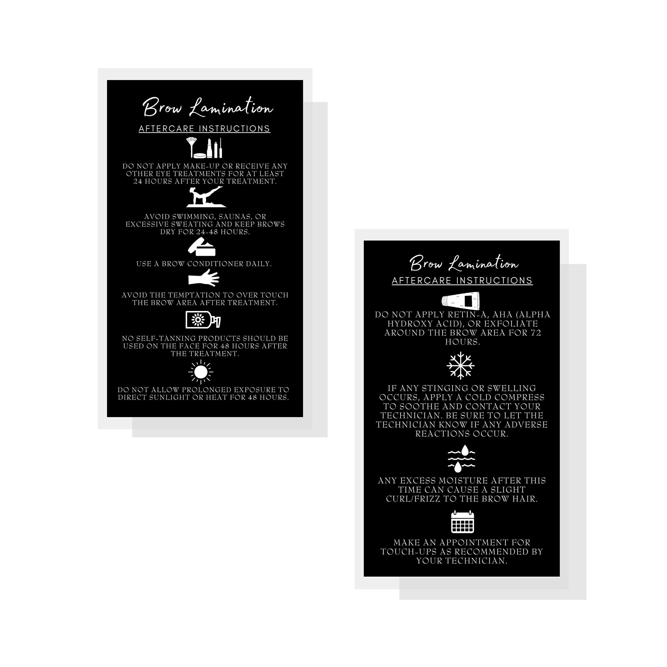 Brow Lamination Aftercare Instruction Cards | 50 Pack | 2x3.5β inches Business Card Size | Starter Lift Kit At Home DIY Brow Lift and Tint | Snatched Brows Black with White Icons Design