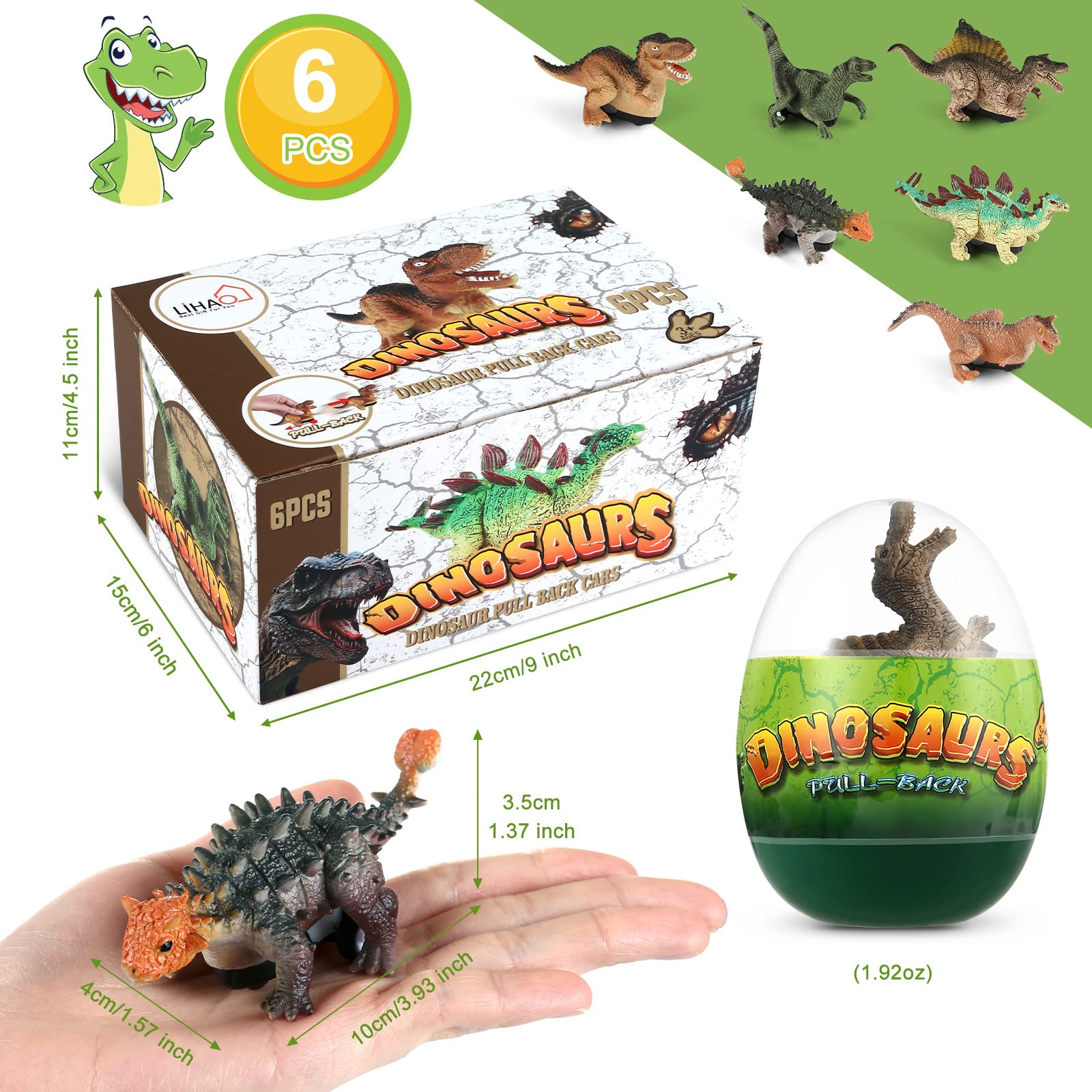 LIHAO 6 Pack Easter Eggs Dinosaur Toys Pull Back Cars for Easter Egg Hunt, Easter Basket Stuffers Fillers Kids Party Favors