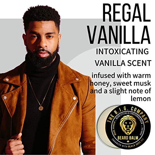 Beard Balm for Men - The B.I.G. Company - Beard Moisturizer & Conditioner with Beeswax for Medium Hold Styling Ease - Black Seed Oil & Argan Oil Supports Beard Growth [Classy Regal Vanilla Scent]