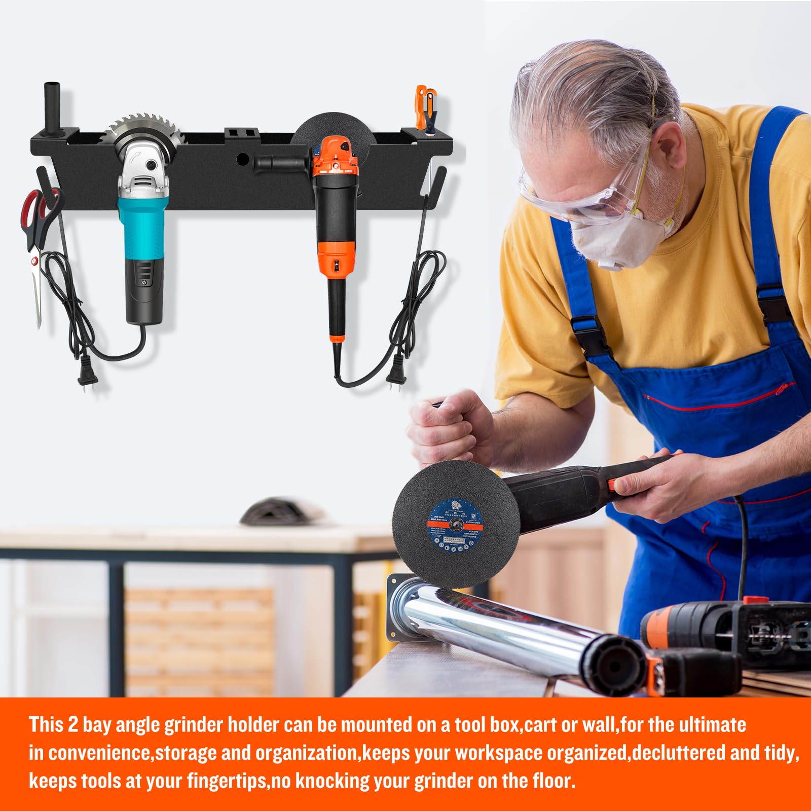 Birstlye Angle Grinder Holder,2 Bay Angle Grinder Rack Wall Mount Bracket, Angle Grinder Storage Rack With Screws & Screw Caps for Cutters Polishers Angle Grinders