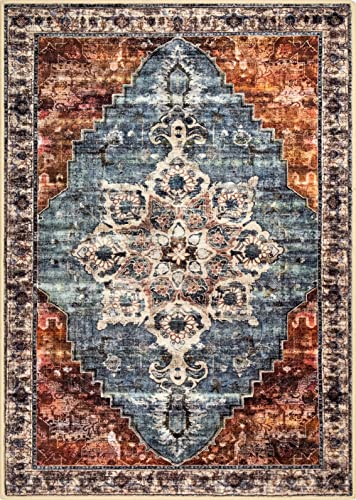 COLORPAPA Area Rug 5x7 Machine Washable Rugs Boho Living Room Rug Non-Slip for Bedroom Dinning Room Kitchen Hallway Blue Taupe Carpet
