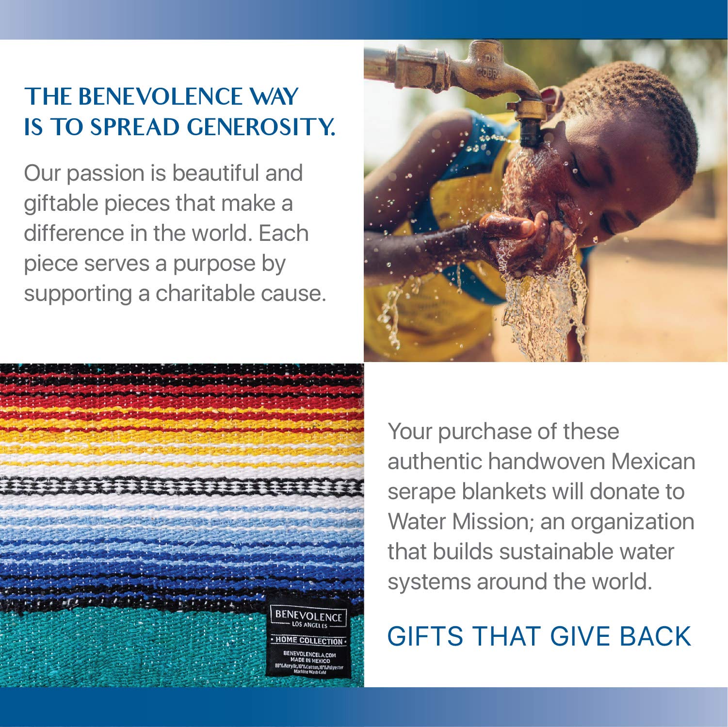 Benevolence LA Mexican Blanket, Authentic Handwoven Yoga Blanket & Outdoor Blanket, Made by Traditional Mexican Artisans, Saddle Blanket, Beach Blanket, Picnic Blanket, & Car Blanket 75 x 52 - Agua
