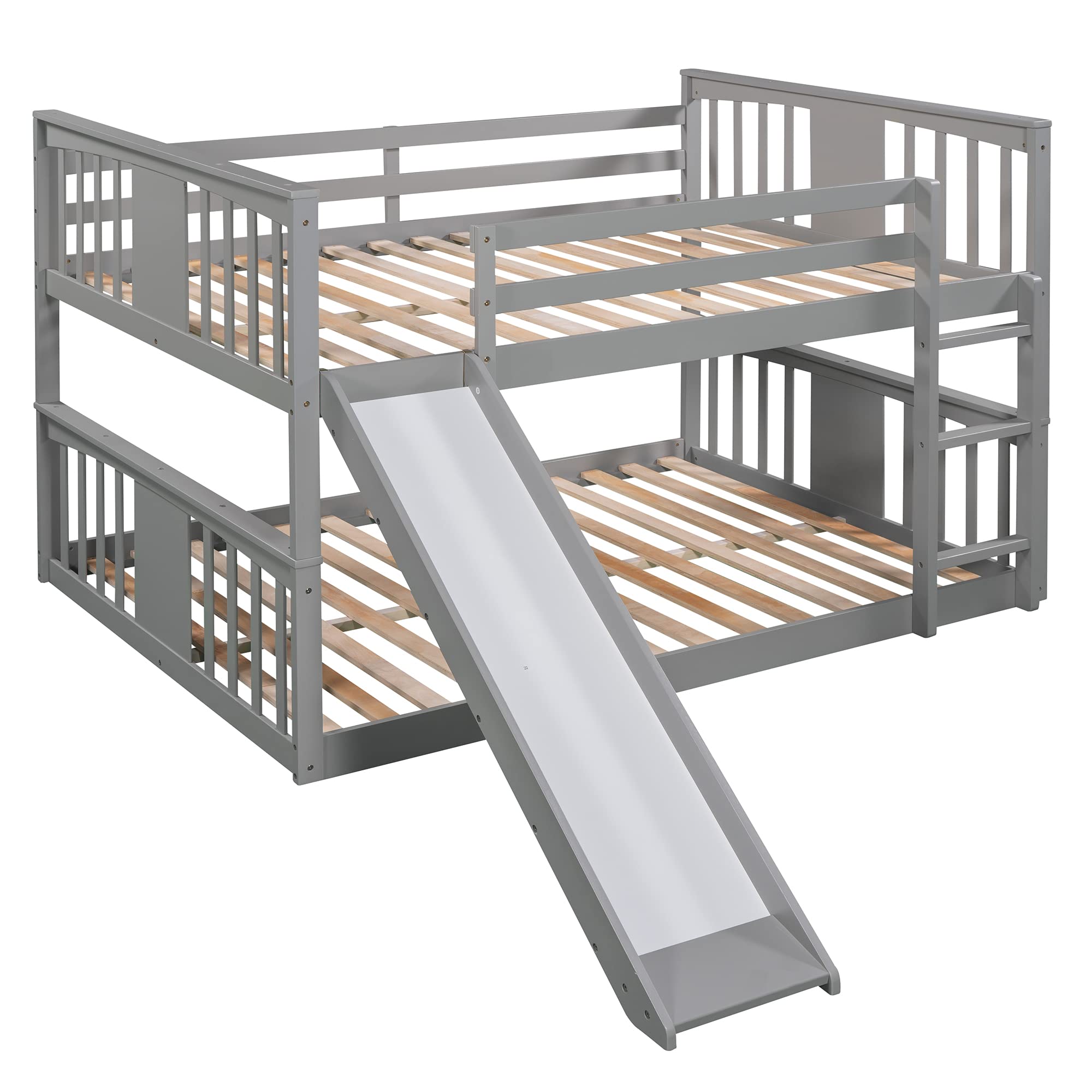 BIADNBZ Full Over Full Low Bunk Bed with Slide and Ladder, Wooden Floor Bunkbeds Frame for Kids Bedroom, Gray