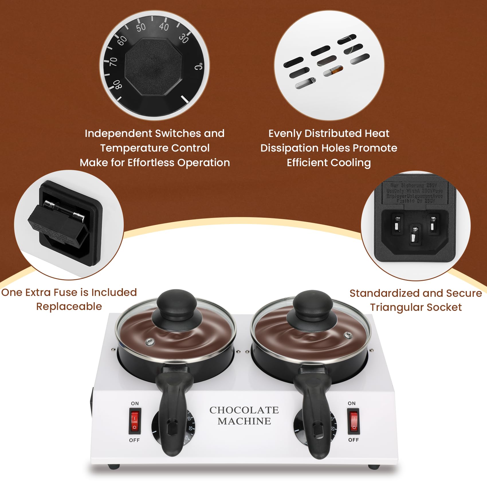 Dual Chocolate Melting Pots with Independent Temperature Controls Chocolate Tempering Machine with Removable Pots for Fast, Precise Melting and Heating of Chocolate, Candy, Butter, Cheese