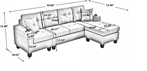 DNYN Modern Sectional Sofa Couch,Polyester Fabric 3-Seater L-Shape Corer Sofá with Chaise & Cup Holders & Removable Cushions & Throw Pillows, Furniture for Home or Office, Gray