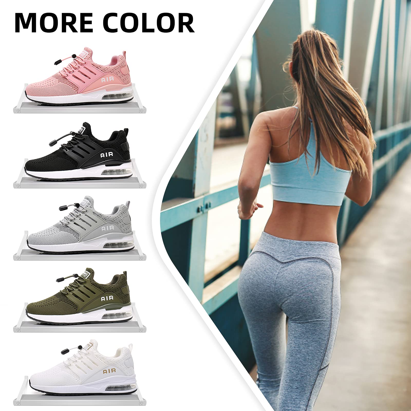 BOGOVER Womens Lightweight Air Running Shoes, Breathable Gym Jogging Running Tennis Sneakers with Air Cushion,No Tie (White, 8.5)