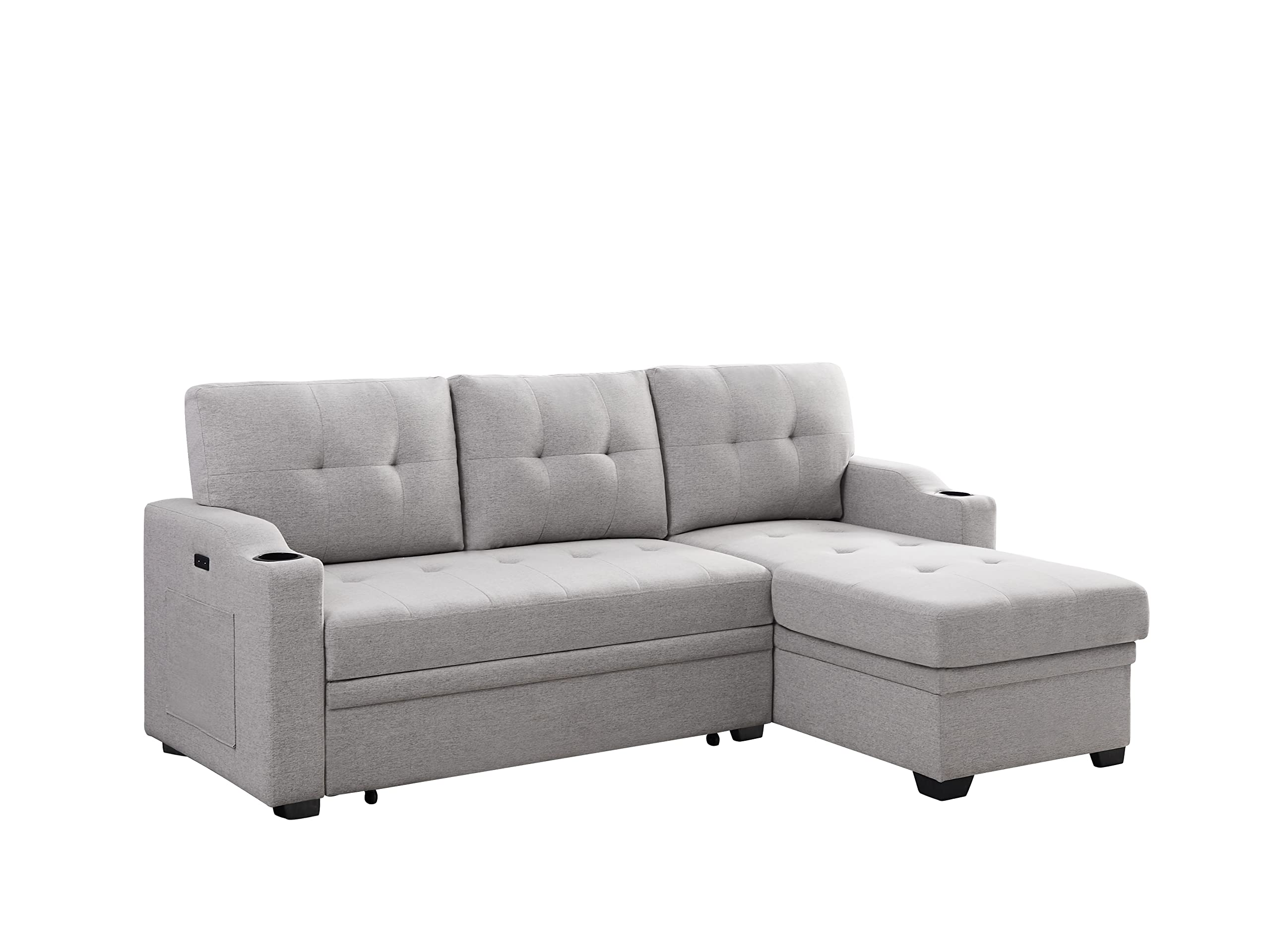 Lilola Home Mabel Light Gray Linen Fabric Sleeper Sectional with cupholder, USB Charging Port and Pocket