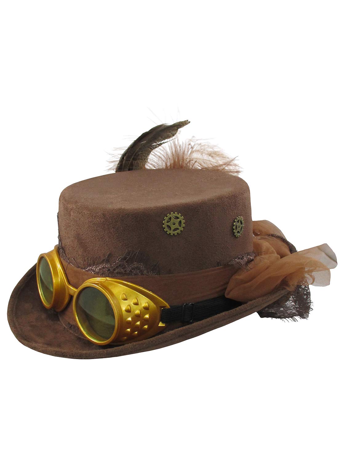 Jacobson Hat Company Deluxe Velvet 4.25 Inch Steampunk Top Hat With Removable Goggles (Brown), One Size