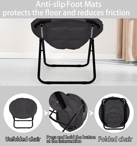 Grezone Folding Saucer Chair, Oversized Lazy Moon Chair with Metal Frame, Comfy Bedroom Chairs for Bedroom, Living Room, Study Black JC