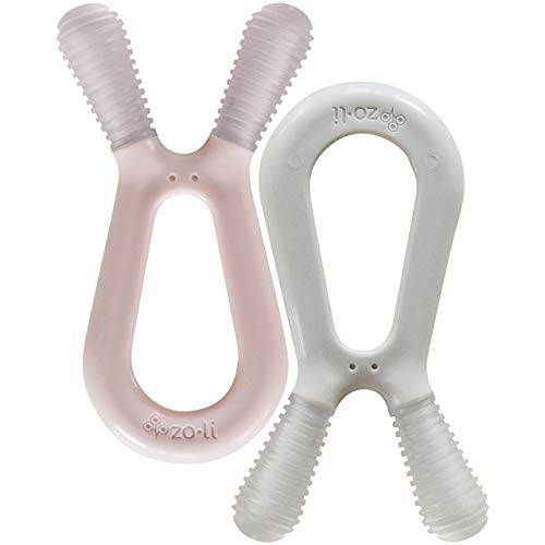 Baby Molar Teether | ZoLi Bunny Baby Teething Toy, Gum Massaging Molar Gums Relief, Easy to Hold and chew, BPA, Phthalate, and Toxin Free teether, Blush Pink + ash Grey (Pack of 2)