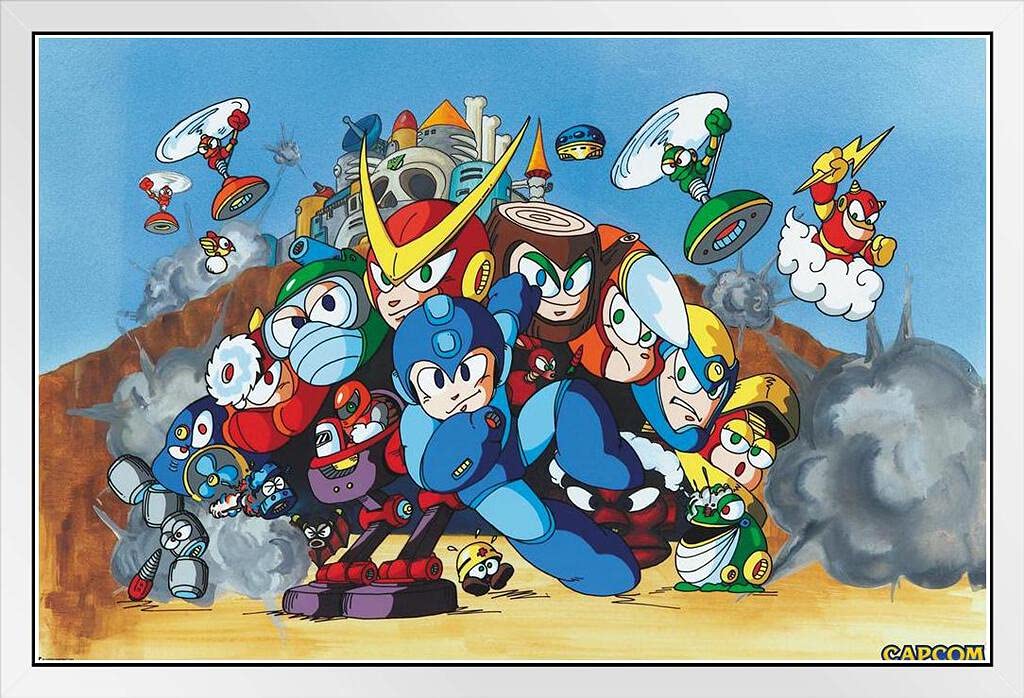 Mega Man 2 Bosses Video Game Video Gamer Classic Retro Vintage 90s Gaming MegaMan Capcom Legacy Collection Megaman 11 Mega Man X Dr Wily White Wood Framed Poster 14x20