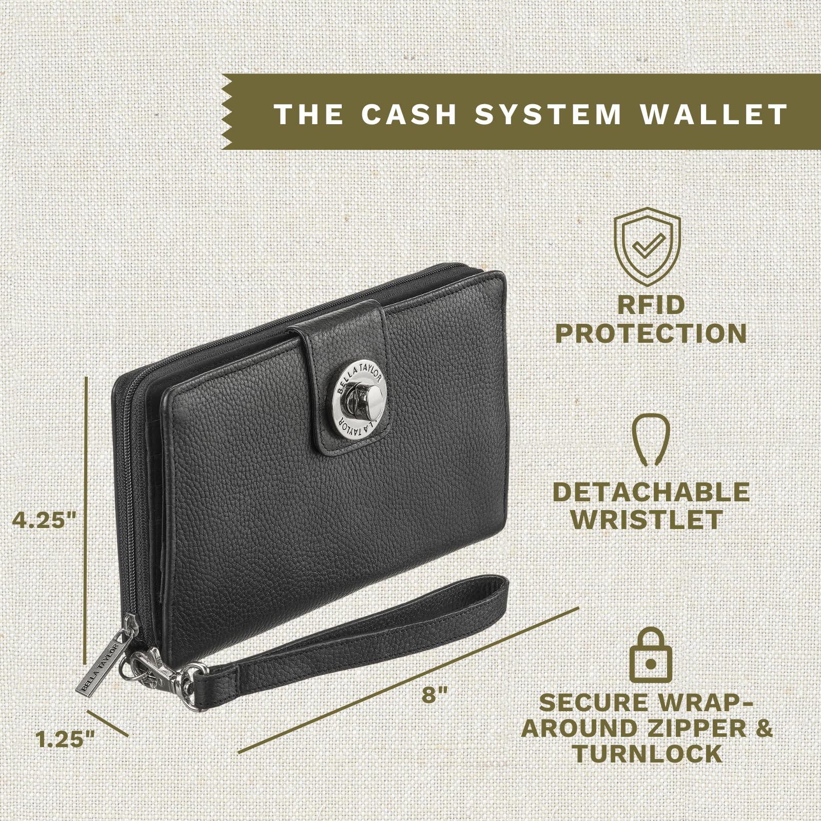 Bella Taylor RFID Wristlet Cash System Wallet for Cash Envelope Budgeting | Money Organizer Budget Wallet | Cash Stuffing Wallet | Genuine Black Leather