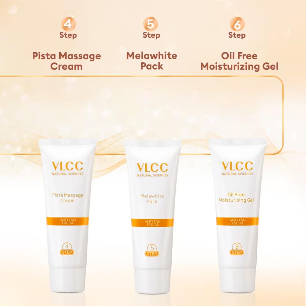 VLCC Natural Anti Tan Facial Kit - Single Use | Salon Like Facial at Home in Just 6-Steps | Includes Cleanser, Scrub, Cream, Face Pack & Moisturizing Gels | 2.12 Oz/60g