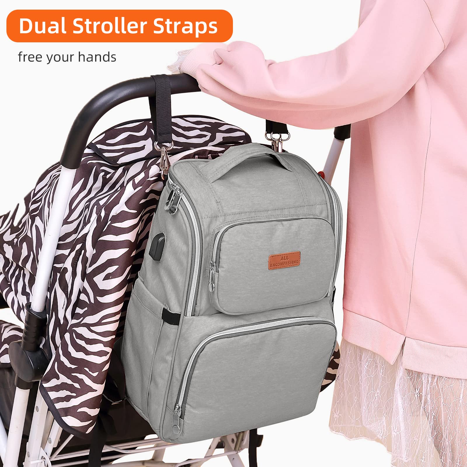BRUSIORI Diaper Bag Backpack, Multifunction Waterproof Travel Back Pack Bag, Bay Bags with Changing Pad, Stroller Straps, Pacifier Case, Large Capacity Diaper Bag for Boys Girls, Grey