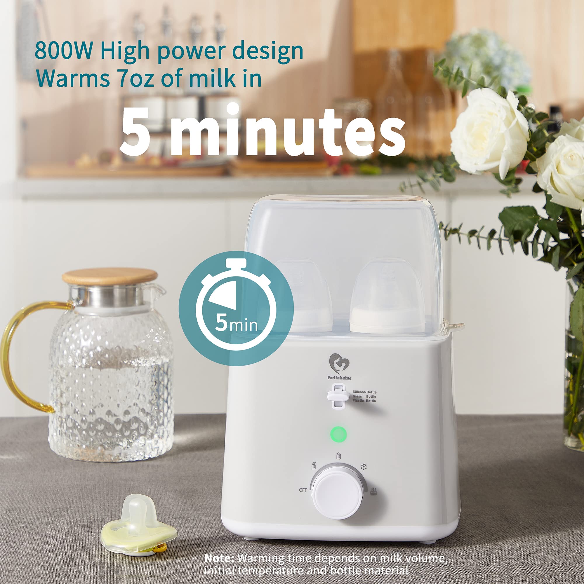 Bellababy Double Bottle Warmer, Fast Breastmilk/Formula/Food Heater, Accurate Temperature Control, Retain Nutrition Perfectly, Reminder When Bottle Ready, 24 Hours Keep Warm (Grey)