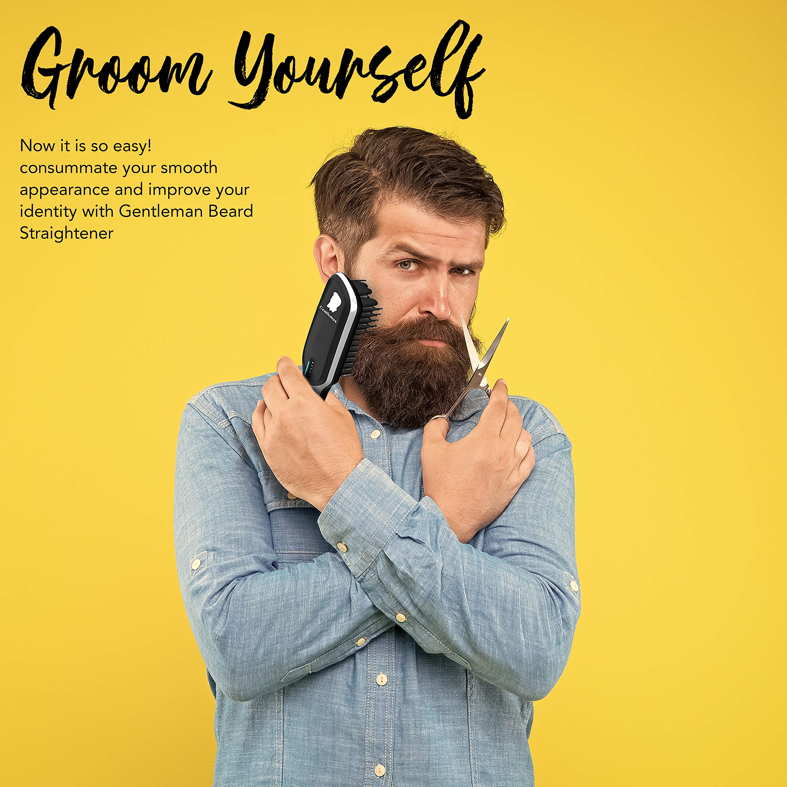 Beard Straightener Brush - Ceramic Heat w/ Anti-Scald and Automatic Shut-Off Safety Features, 3-Temp Settings, LED Display - Straightening Brush w/ Ionic Conditioning for Smooth and Sleek Hair