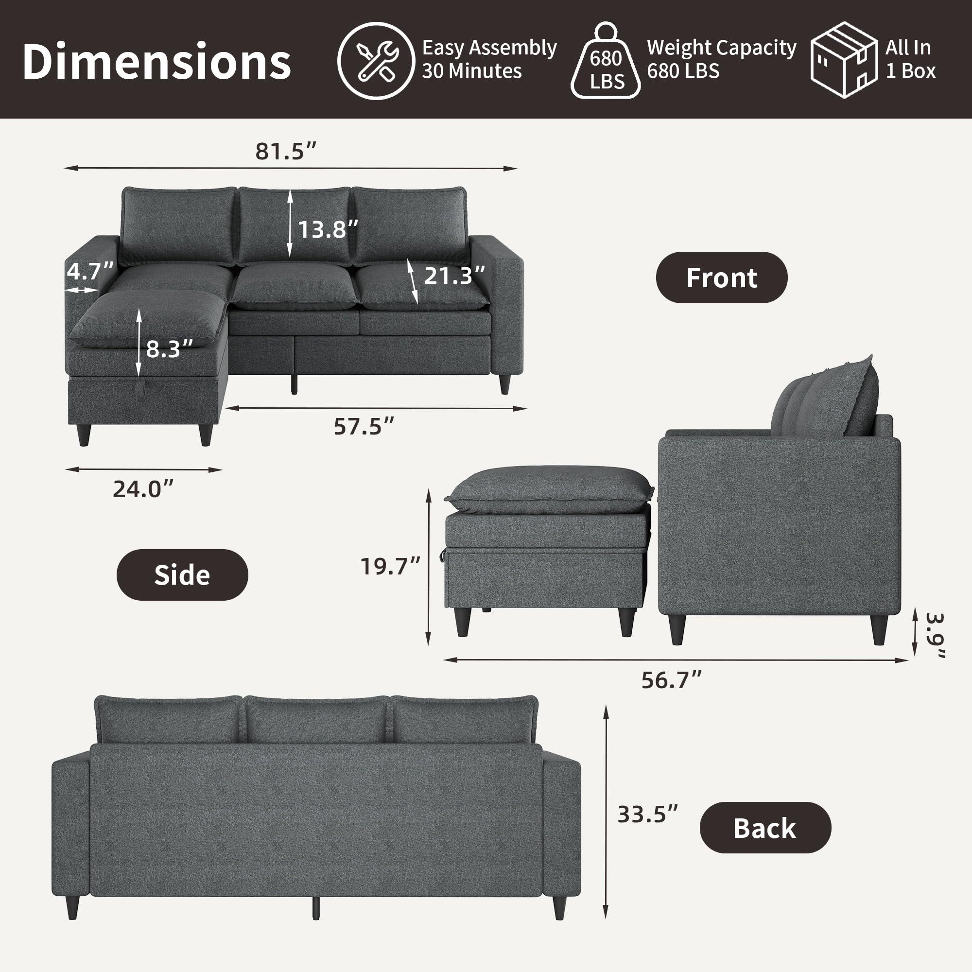 Convertible Sectional Sofa Couch for Living Room, L-Shaped Comfy Cloud Sofa, Removable Storage Ottoman, Small Sofa for Apartment/Living Room (Dark Grey)